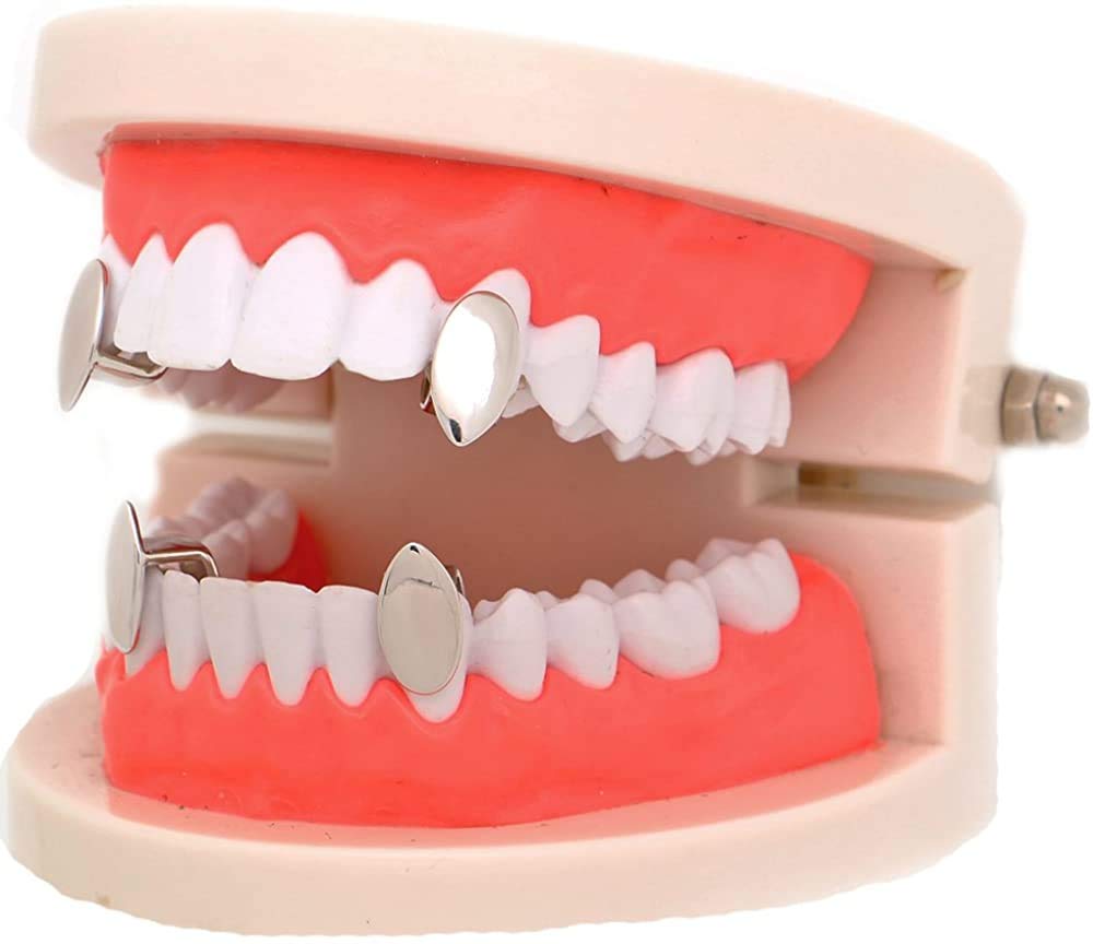canjoyn 4 PC Vampire Dracula Single Metal Fangs Hip Hop Teeth 18K Grillz Set