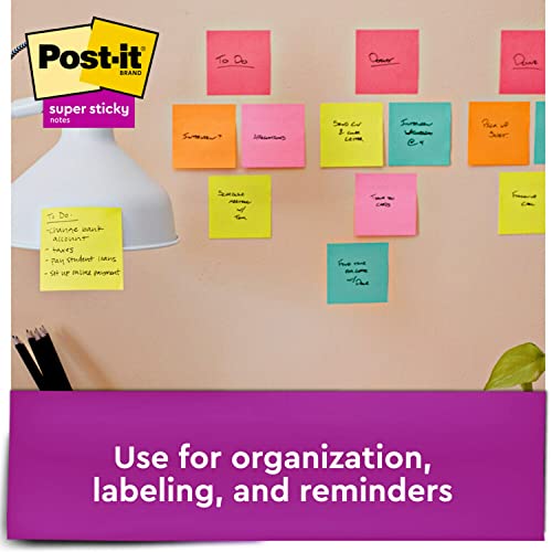 Post-it Super Sticky Notes, 3x3 in, 4 Pads, 2x the Sticking Power, Supernova Neons, Neon Colors, Recyclable(3321-SSAN-B)