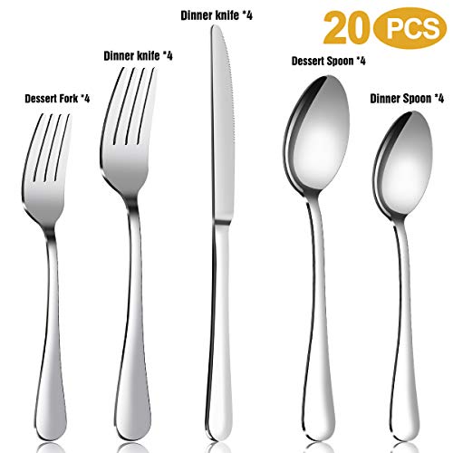 Silverware Set,MASSUGAR 20-Piece Silverware Flatware Cutlery Set, Stainless Steel Utensils Service for 4, Include Knife/Fork/Spoon, Mirror Polished (Silver)