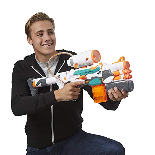 Nerf Modulus Tri-Strike Blaster, Mega Barrel, Rocket Launcher, Clip, 10 Elite Darts, 4 Mega Darts, 1 Rocket, Kids Outdoor Games (Amazon Exclusive)