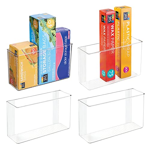 mDesign Plastic Adhesive Storage Organizer Container Bin for Kitchen Shelf, Countertop, Cabinet, or Pantry Organization - Space Saving for Sandwich Bag, Plastic Wrap, Linge Collection - 4 Pack - Clear