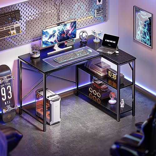 Huuger L Shaped Desk, 39 Inches Computer Desk with Reversible Storage Shelves, Gaming Desk, Corner Desk Home Office Desks, Writing Desk Study Desk with Metal Frame, Black