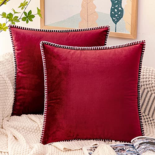 GAWAMAY Green 16x16 Fall Pillow Covers,Pack of 2 Decorative Burgundy Red Cushion Pillow Cases with Chenille Edge Soft Boho Decor Pillows for Living Room Sofa Couch Beding Velvet Euro Pillow (40x40cm)