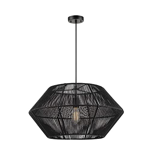 Globe Electric 65470 1-Light Chandelier, Matte Black Natural Twine, Mate Black Canopy and Socket, Designer Black Cloth Hanging Cord. Adjustable Height, Home Decor Lighting, Hygge, Bulb Not Included
