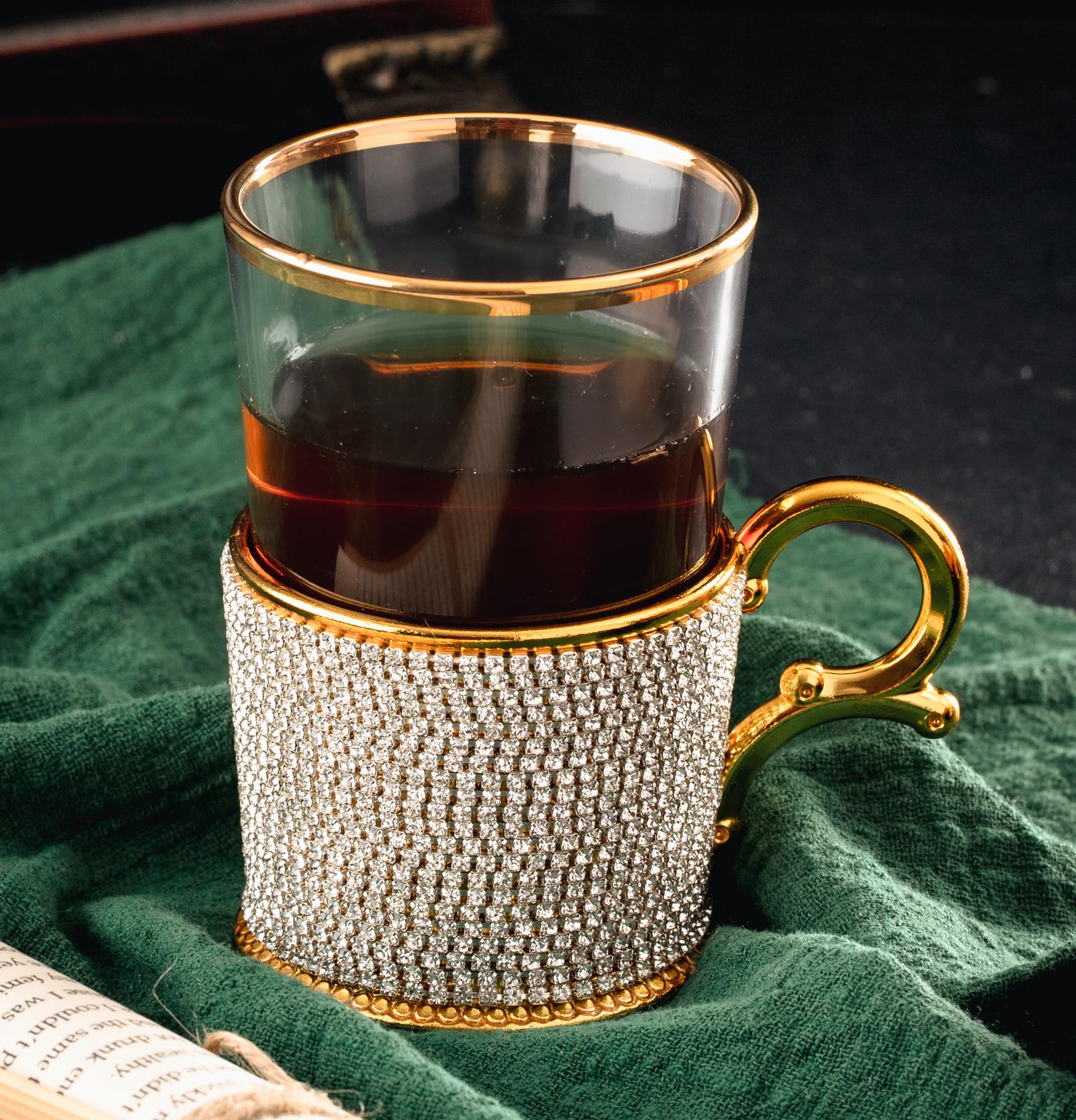DEMMEX Handmade Rhinestone Crystal Decorated Fancy Coffee Tea Beverage Glasses Cups with Holders, 7 Ounces (SET OF 1)