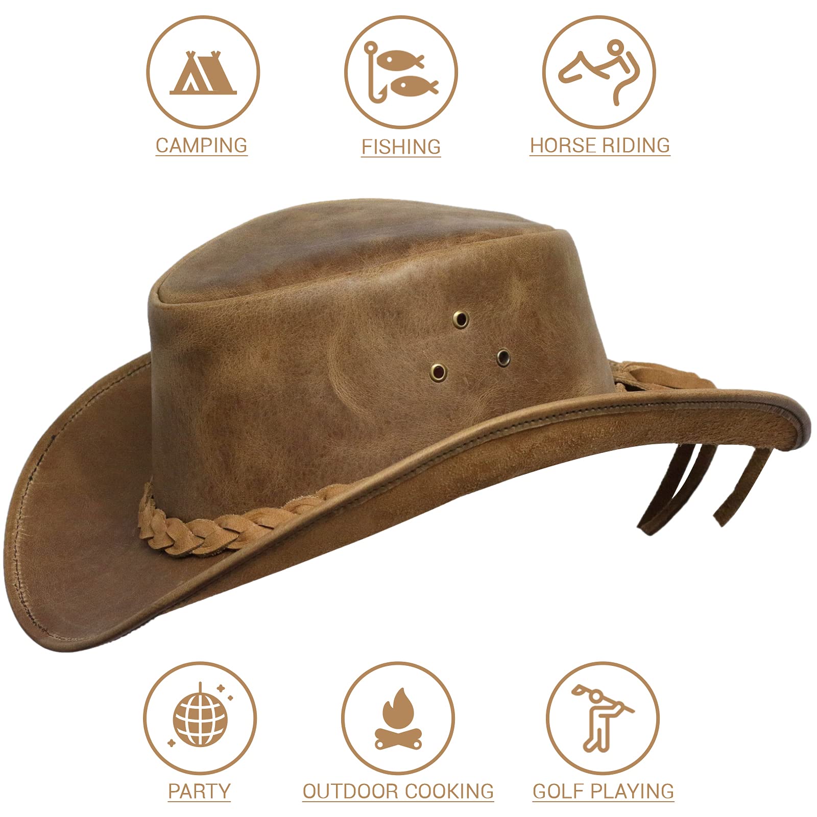 BRANDSLOCK Cowboy Hat Leather Outback Sun Hat with Chin Cord (Tan, L)