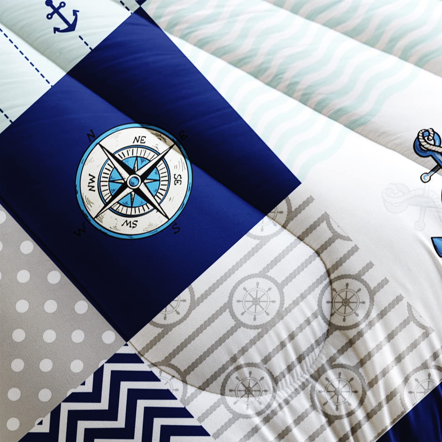 HOSIMA Nautical Comforter Set Queen,Plaid Patchwork Ocean Themed Bedding Sailboat and Anchor Print Kids Bedding Set for Boys Adult Kids Girls,Navy Blue Comforter Queen Size with 2 Pillow Shams.