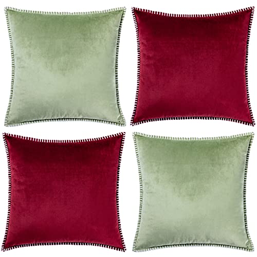 GAWAMAY Velvet Farmhouse Spring Pillow Covers 18x18 Set of 2,Decorative Green Throw Pillows with Chenille Thread Edge,Square Boho Couch Pillows for Living Room Sofa Couch Beding(45x45cm) Burgundy Red