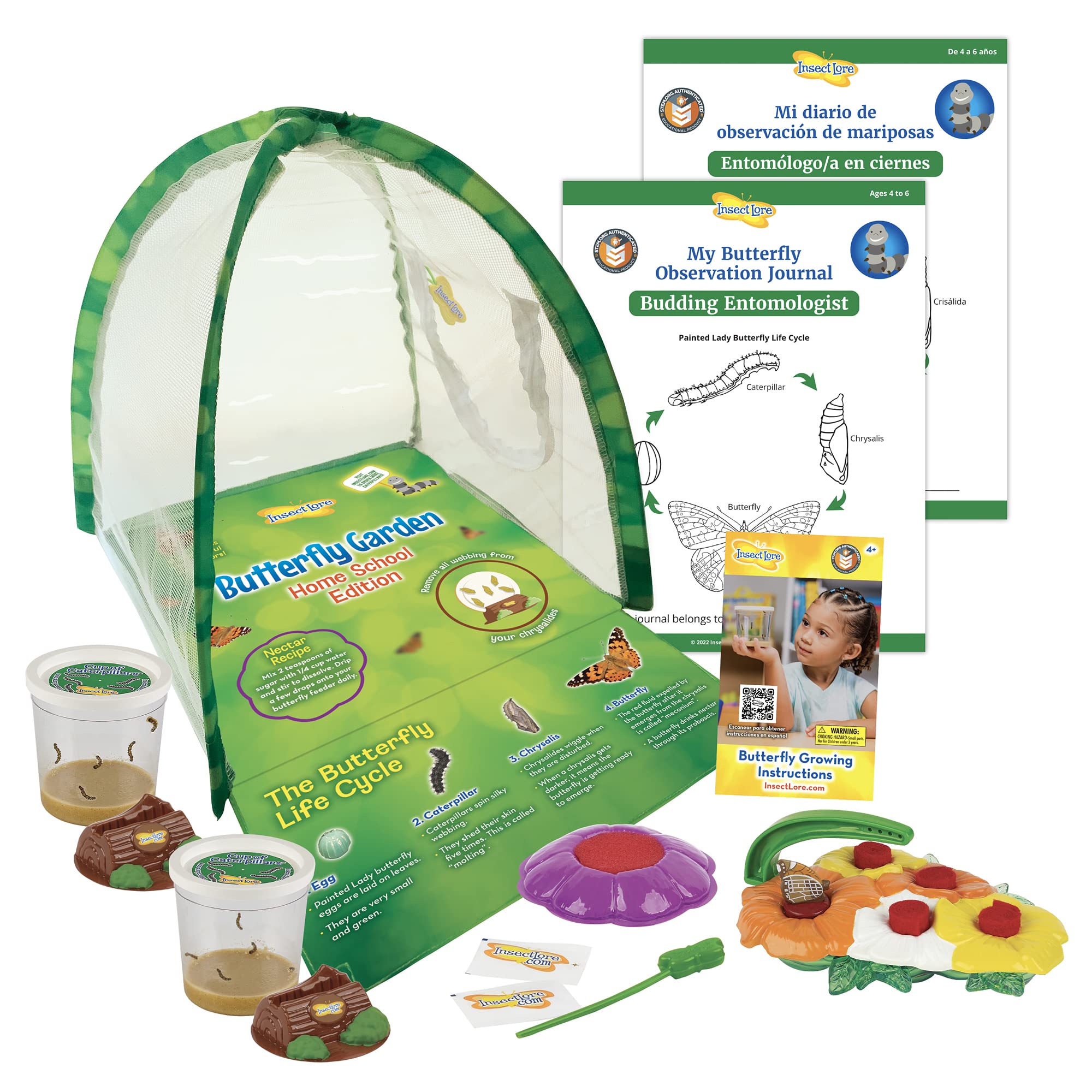 Butterfly Garden: Home School Habitat and Two Live Cups of Caterpillars - with Deluxe Butterfly Feeder - Includes Both English and Spanish Butterfly STEM Activity Journals