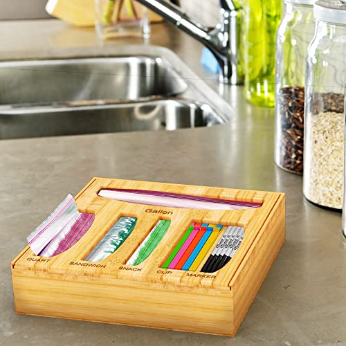 More2Store Ziplock Bag Storage Organizer Bamboo 6 in 1 Food Baggie Dispenser for Kitchen Drawer - Compatible with Gallon, Quart, Sandwich, Snack, Clip, and Marker