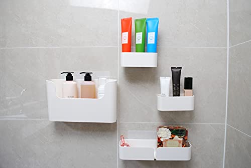 LADYBEE7LES Wall Floating Shelves White 4pcs Set, Self Adhesive Wall Shelf/Bathroom Makeup Wall Organizer/Wall décor/No Drill Plastic Storage Bins, Multi-Sizes, Stickers Included