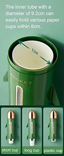 Jaugufiy Rocket Shape Disposable Paper Cup Dispenser Wall Mounted Cup Storage Disposable Cup Holder with Tea Bag Storage Box for Home Office (Green)