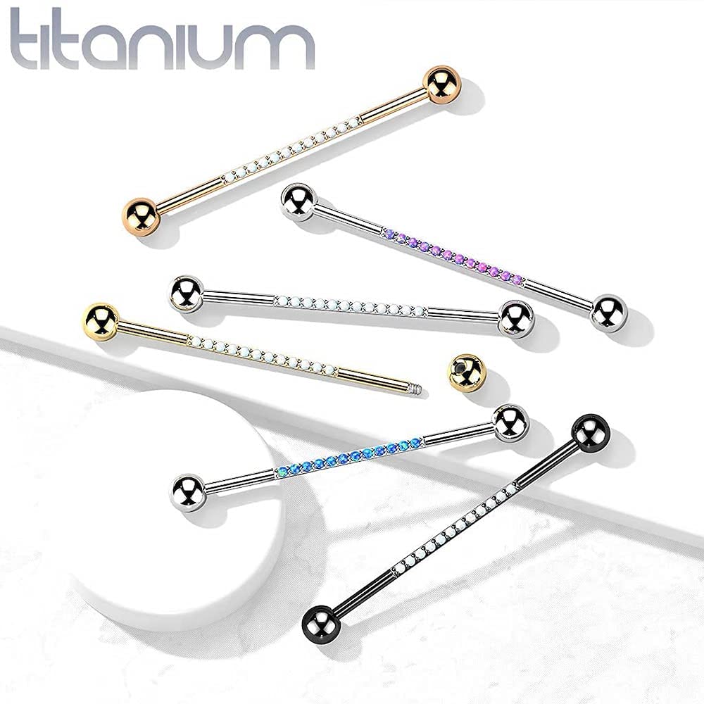 Covet Jewelry Titanium Industrial Barbell with CNC Lined Opal on Bar (Steel/Opal Purple)