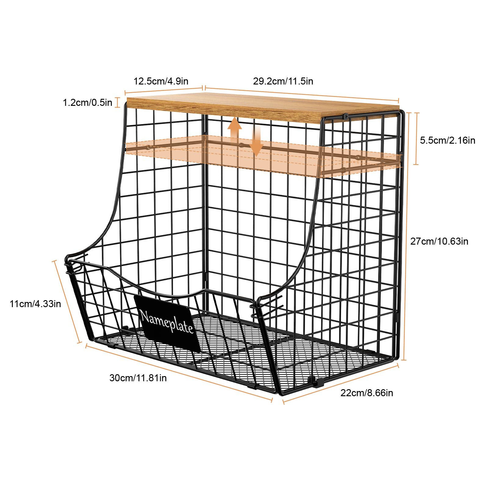 Fruit Basket for Kitchen with Wood Lid - Counter&Wall Mounted Onion and Potato Storage with Nameplate, Stackable Storage Basket, Hanging Metal Wire Baskets Kitchen Countertop Organizer Pantry 3 Pack
