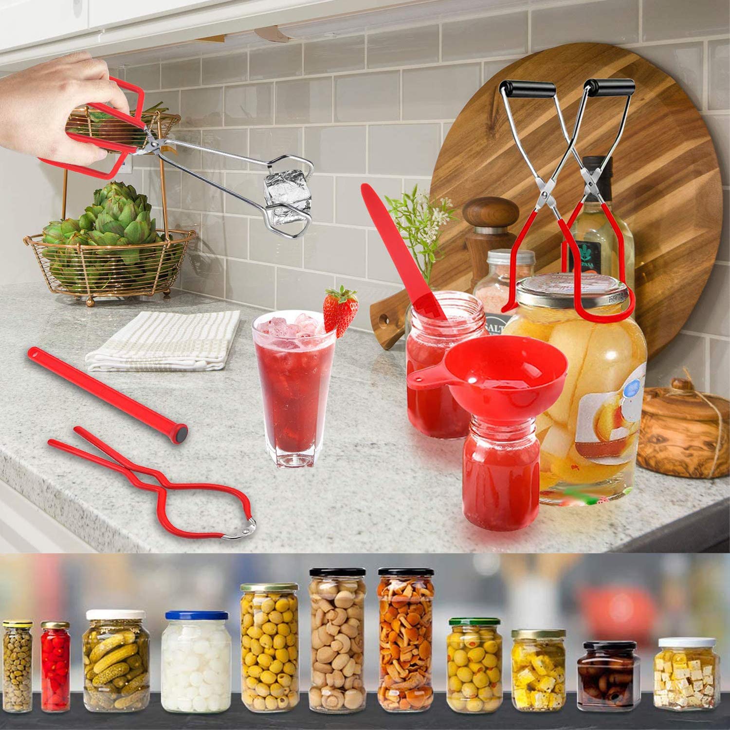 Canning Kit Canning Tools Canning Set Canning Supplies Include Canning Funnel, Jar Lifter, Jar Wrench, Lid Lifter, Canning Tongs, Bubble Popper/Bubble Measurer/Bubble Remover Tool (Red)