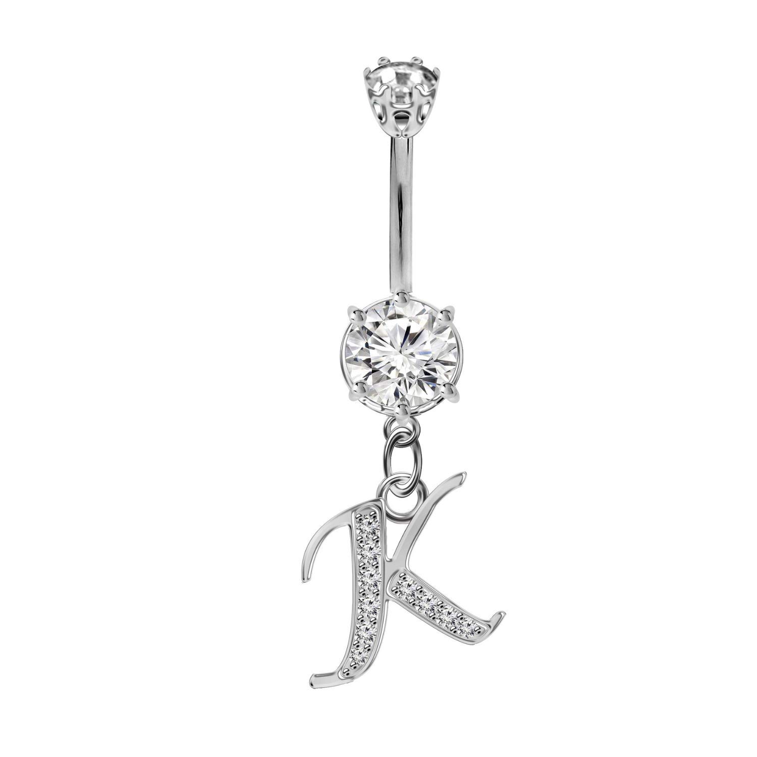 Bodytrend Initial Belly Button Rings- 316L Surgical Steel- 14G(1.6mm)- AAA+ CZ Crystals- Silver Letter A-Z Belly Button Rings - British Standard - Certified by Sheffield Assay Office