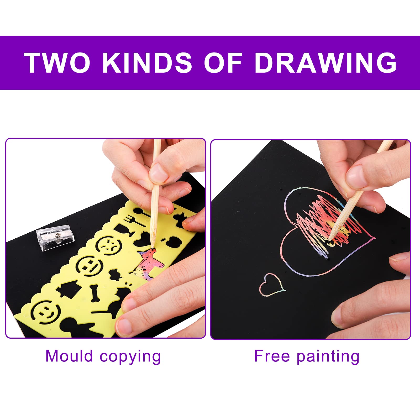 ZEAYEA 200 Pcs Scratch Paper Art Set, Scratch Off Rainbow Magic Paper with 10 Stylus, 8 Stencils, Black Scratch Notes for Boys and Girls DIY Crafts Christmas Birthday Gift Cards