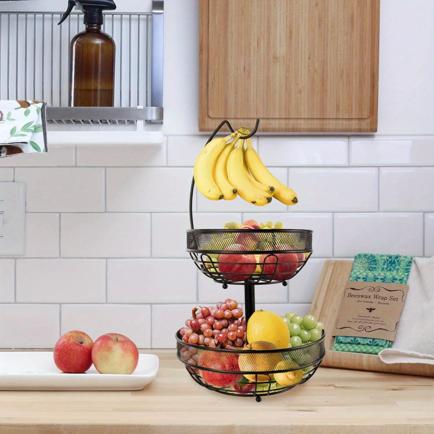 Fruit Basket with Banana Hanger,2-Tier Fruit Basket,Large 2-Tier Fruit Basket for Kitchen,Sturdy Metal Fruit Basket for Kitchen Counter,Elegant Fruit and Vegetable Basket (Black)