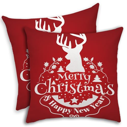 Christmas Deer Pillow Covers Animal Tree Moon Snowflakes Pack of 2 Throw Pillow Covers Home Decorative Soft Linen Square Comfy,red,16x16 Inch