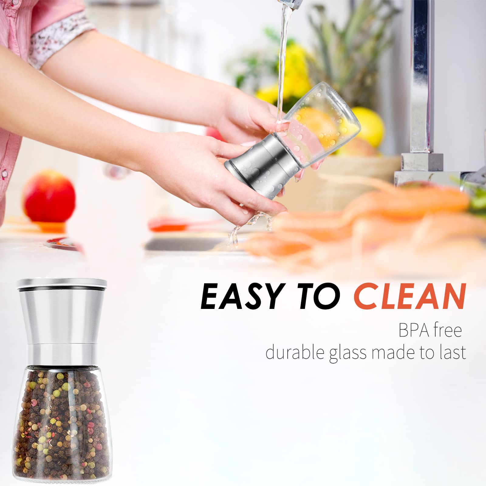 Ebaco Professional Pepper Grinder - with Germany Hardened Carbon Steel Mechanism Rotor, Refillable Pepper Mill 6OZ Glass Adjust Coarseness (1PCS-Sliver-304)