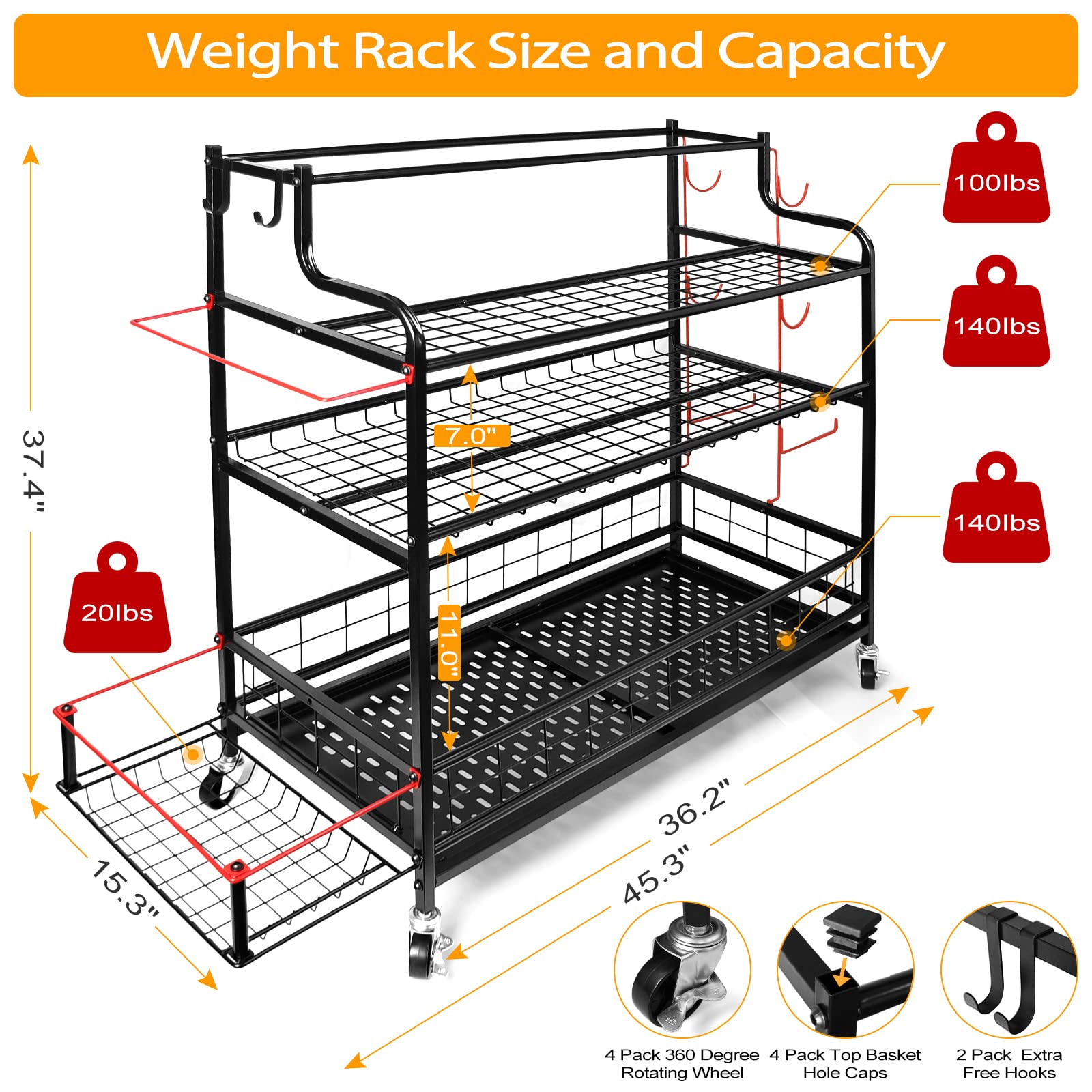 Dumbbell Rack Weight Stand SPIDERCAMP 4 Tier Yoga Mat Storage Rack Home Gym Storage Rack Upgraded Weight Rack for Dumbbells Workout Equipment Storage Organizer Garage Storage Rack With Lockable