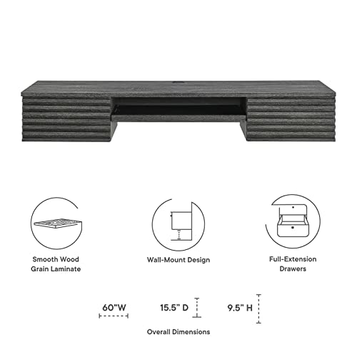 Modway Render 60" Mid-Century Modern Wall-Mount Office Desk in Charcoal
