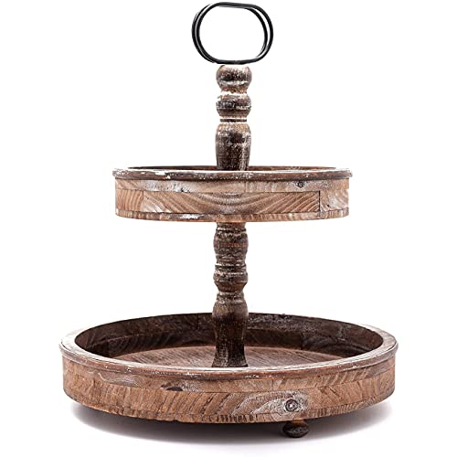Fixerben Two Tiered Tray - Rustic Charm Farmhouse Tiered Tray Decor - 2 Tier Tray - Distressed Wooden Tiered Serving Tray - Vintage Tier Stand to Perfection, Light Brown