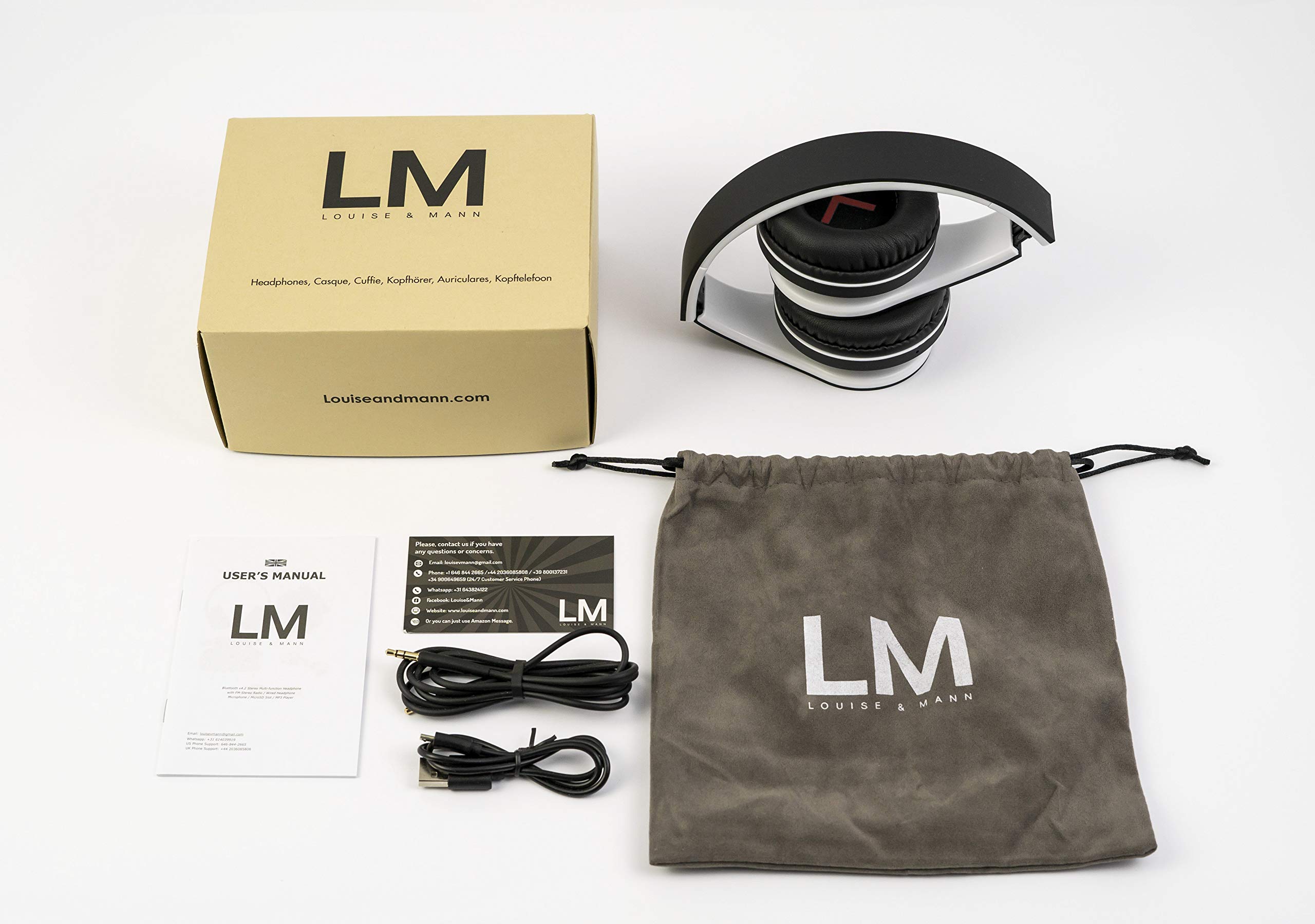 Bluetooth Headphones, Louise&Mann Wireless Headphones Over-Ear, Stereo Headset with Microphone, Soft Earmuffs, Bag for Transport for Phones/Tablets/PC (Black/Silver)