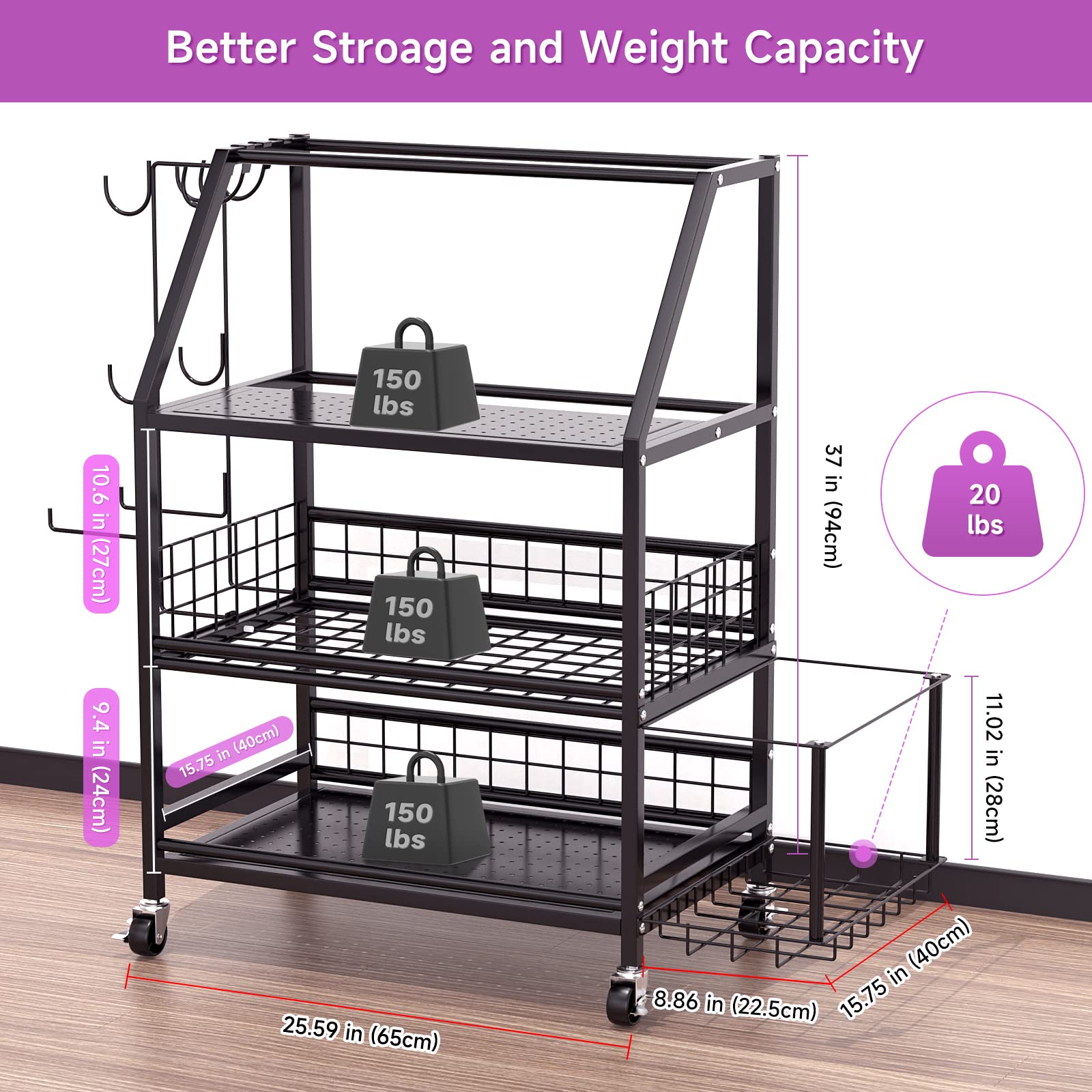 Dumbbell Rack-Yoga Mat Racks with Wheels and Hooks-Weight Rack for Dumbbells-Home Gym Storage Rack for Dumbbells Kettlebells Foam Roller, Yoga Strap, Resistance Bands & Strength Training Equipment