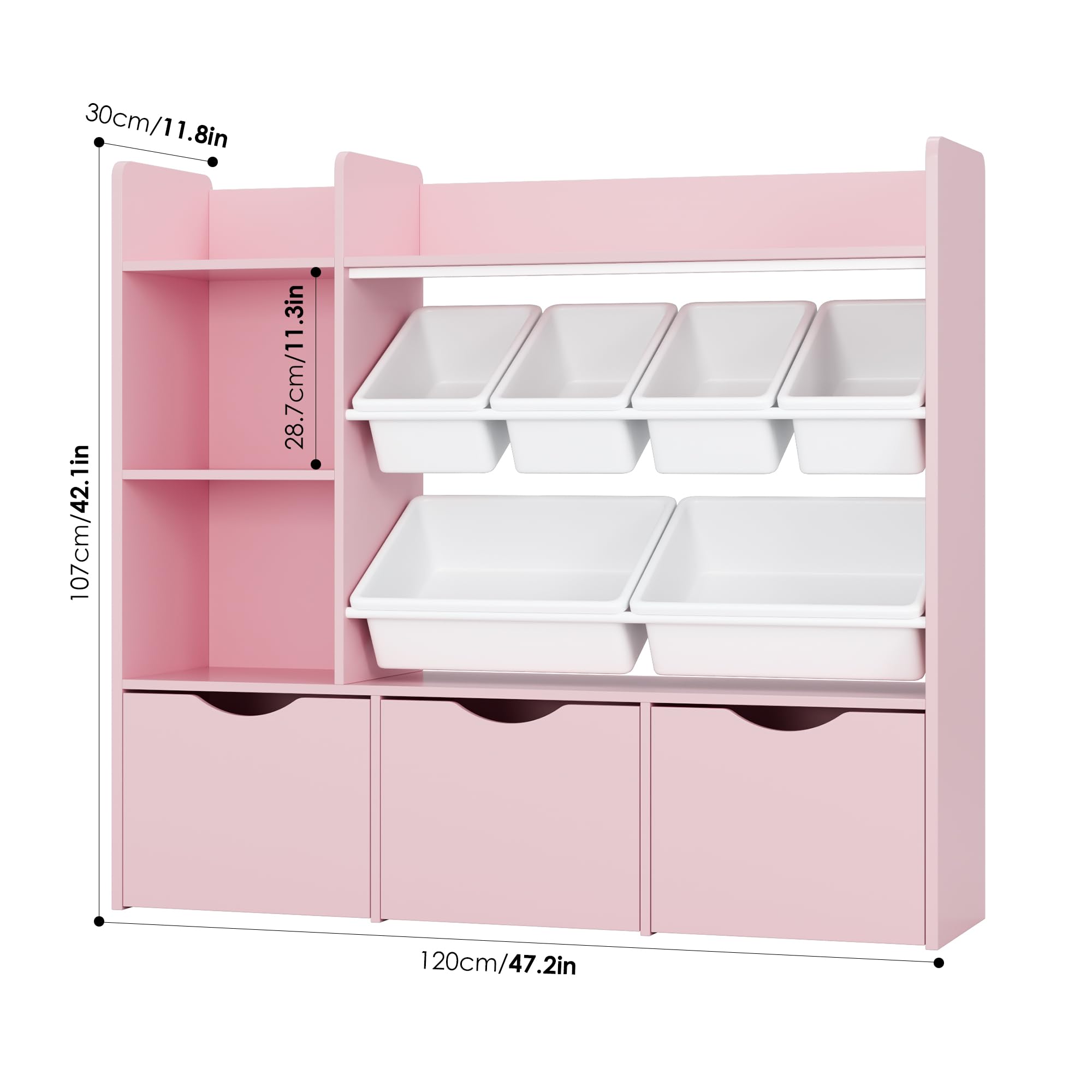 FACBOTALL Toy Storage Organizer with 3 Movable Drawers, Bookshelf and Bookcase with 6 Plastic Bins & 2 Storage Cubbies, Toy Chest with Hidden Wheels, Toy Storage Box for Playroom, School, White