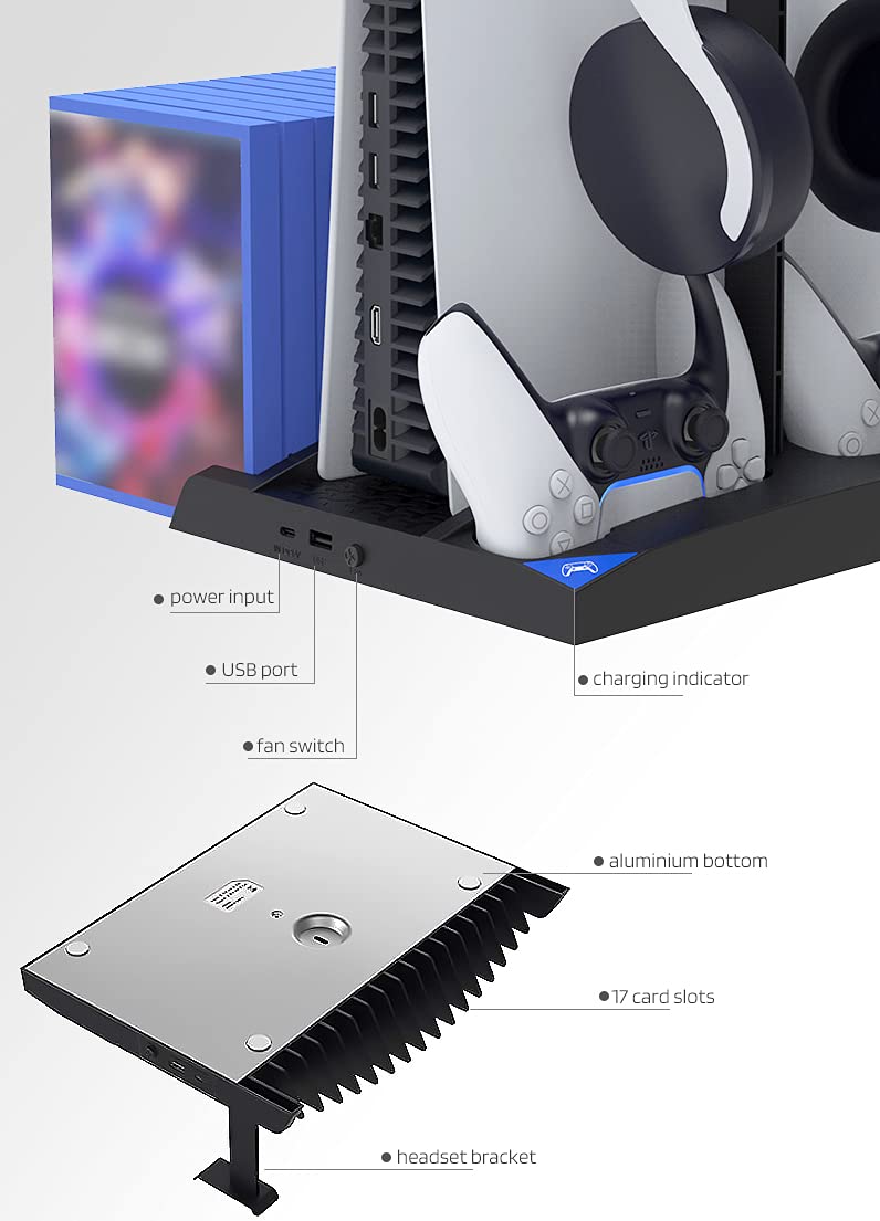 Storage Stand for PS5 Console/Digital Edition, Game Organizer with Cooling Fan, Controller Charger Station, 15 Game Case Holder, 3 USB Ports and 1 Media Remote Storage - Black