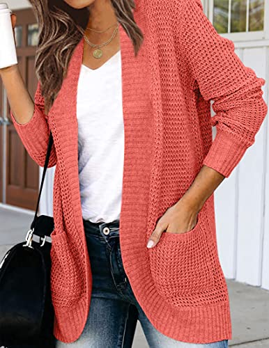 ZESICA Women's 2023 Fall Winter Long Sleeve Open Front Casual Lightweight Soft Knit Cardigan Sweater Outerwear,Watermelon,Medium