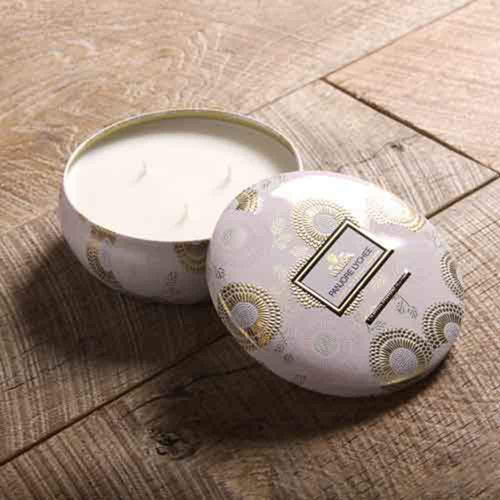 Voluspa Panjore Lychee Candle | 3 Wick Tin | 12 Oz. | 40 Hour Burn Time | Vegan | All Natural Wicks and Coconut Wax for Clean Burning