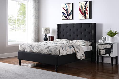 Full Upholstered Platform Bed Frame with 51" Tall Headboard - Button Tufted Cloth Bed - Wood Slat Support with Storage Space - No Box Spring Needed - Easy Assembly - Black - Oliver & Smith - Astor