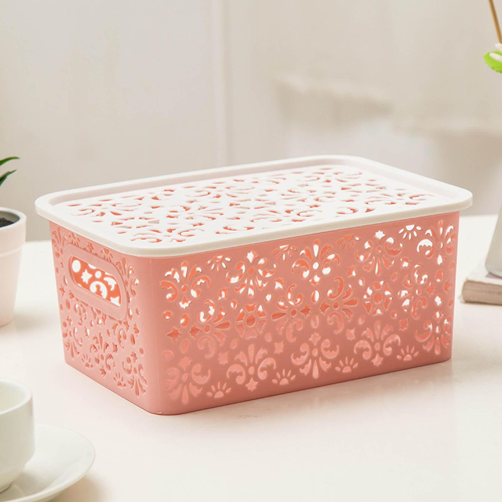 CLZOUD Storage Set with Divided Interior Out Delicate Retro Pattern Storage Basket With Lid For Clothes Cosmetics Papers Toys under Bed Storage Boxes with Lids (Pink, One Size)