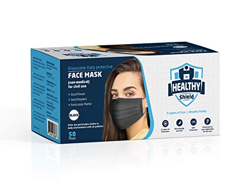 Healthy Shield 50pcs Disposable 3-Ply Safety Face Mask, Comfortable Ear Loop and Breathable, Non-Woven, Mouth Covers, Nose Clip, perfect for Adult, Men, Women, Home, Office, Indoor, Outdoor. (BLACK)