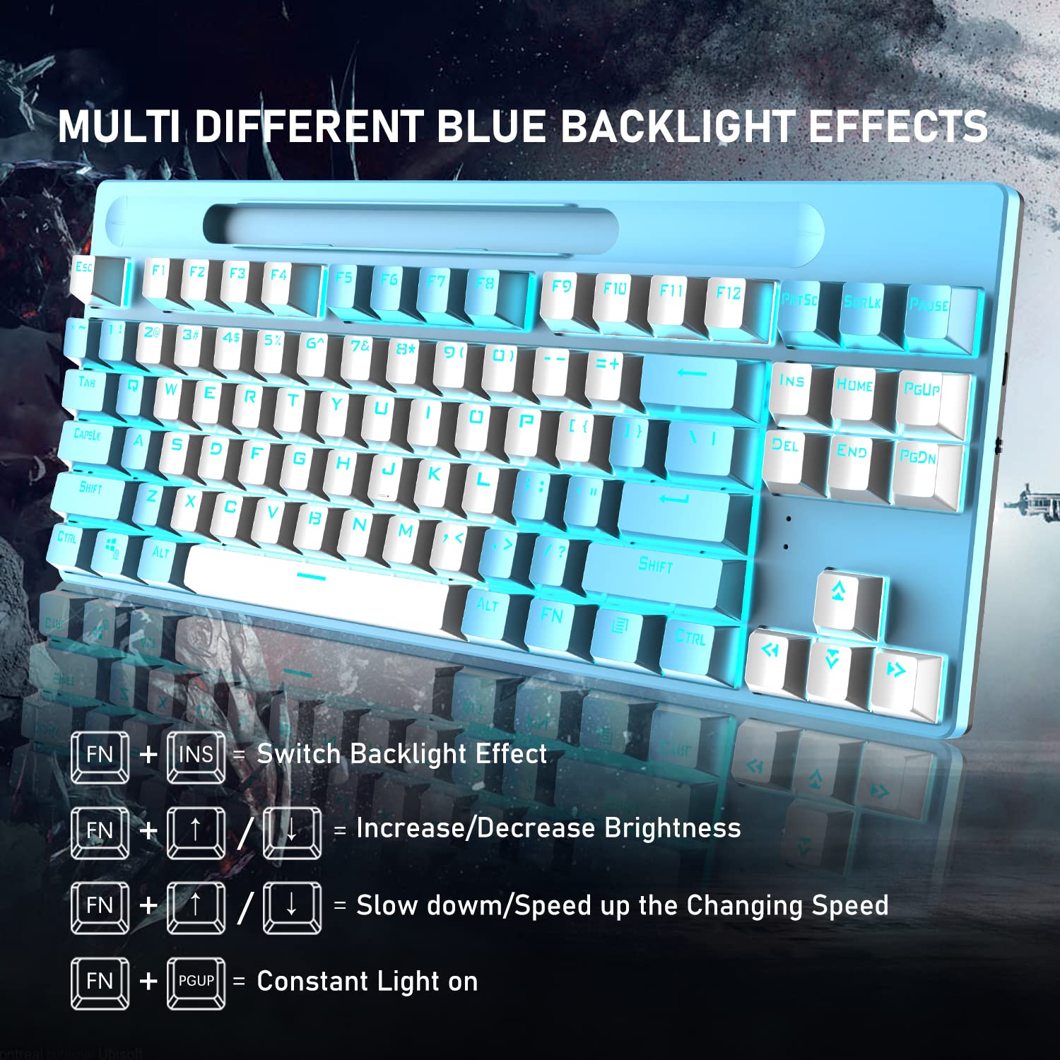 Bluetooth Mechanical Gaming Keyboard with LED Backlit 87 Anti-Ghosting Key Ergonomic Metal Plate Wired/Wireless 2.4Ghz USB Receiver Rechargeable 3300mAh Battery for PC Mac Gamer (Red Mix/Blue Switch)