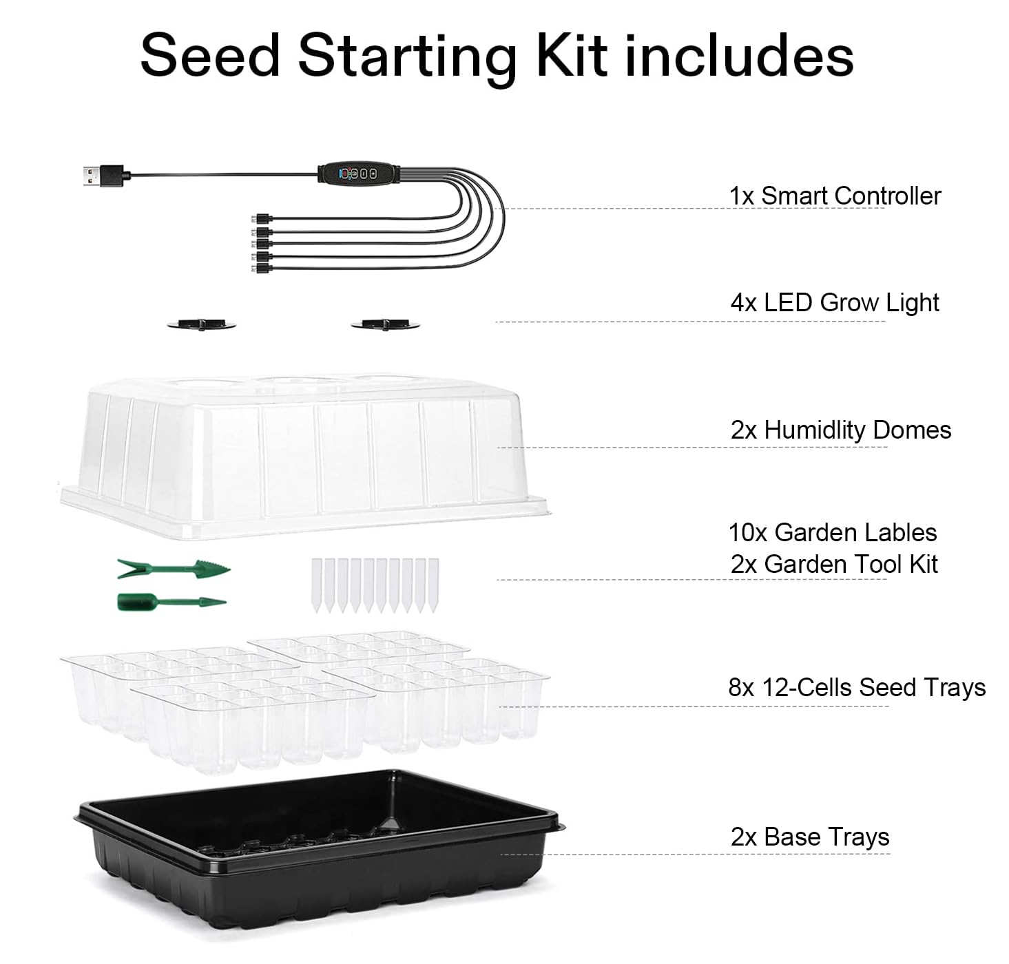 CANNABMALL 2 Packs Seed Starter Tray with Grow Light Samsung LM281B Diodes, Dimmable Seedling Starter Trays, 96 Cells Germination Trays Kit with Humidity Dome for Indoor Gardening Plant Black
