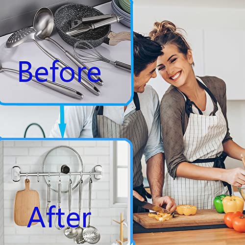 Multifunction Utility Hooks,BAIEUEJO Wall-Mounted Kitchen Hooks for Utensils,Nail Free Adhesive Stainless Steel Kitchen Utensil Hanging Rack with 7 Sliding Hooks,for Kitchen/Bathroom(White)