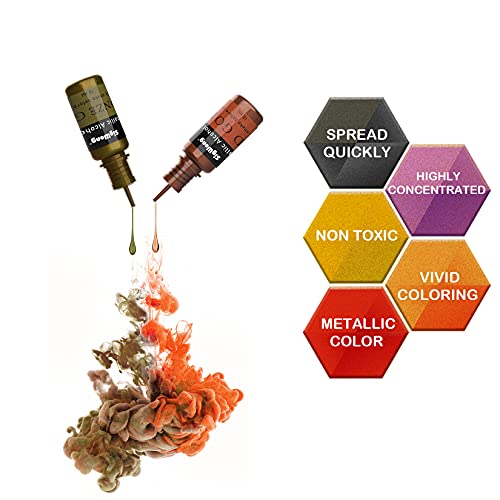 Metallic Alcohol Ink Set - 24 Metal Color Alcohol-Based Ink, Shimmer Mixatives Epoxy Resin Paint Colour Dye Great for Resin Petri Dish, Yupo, Coaster, Painting, Tumbler Cup Making(10ml Each)