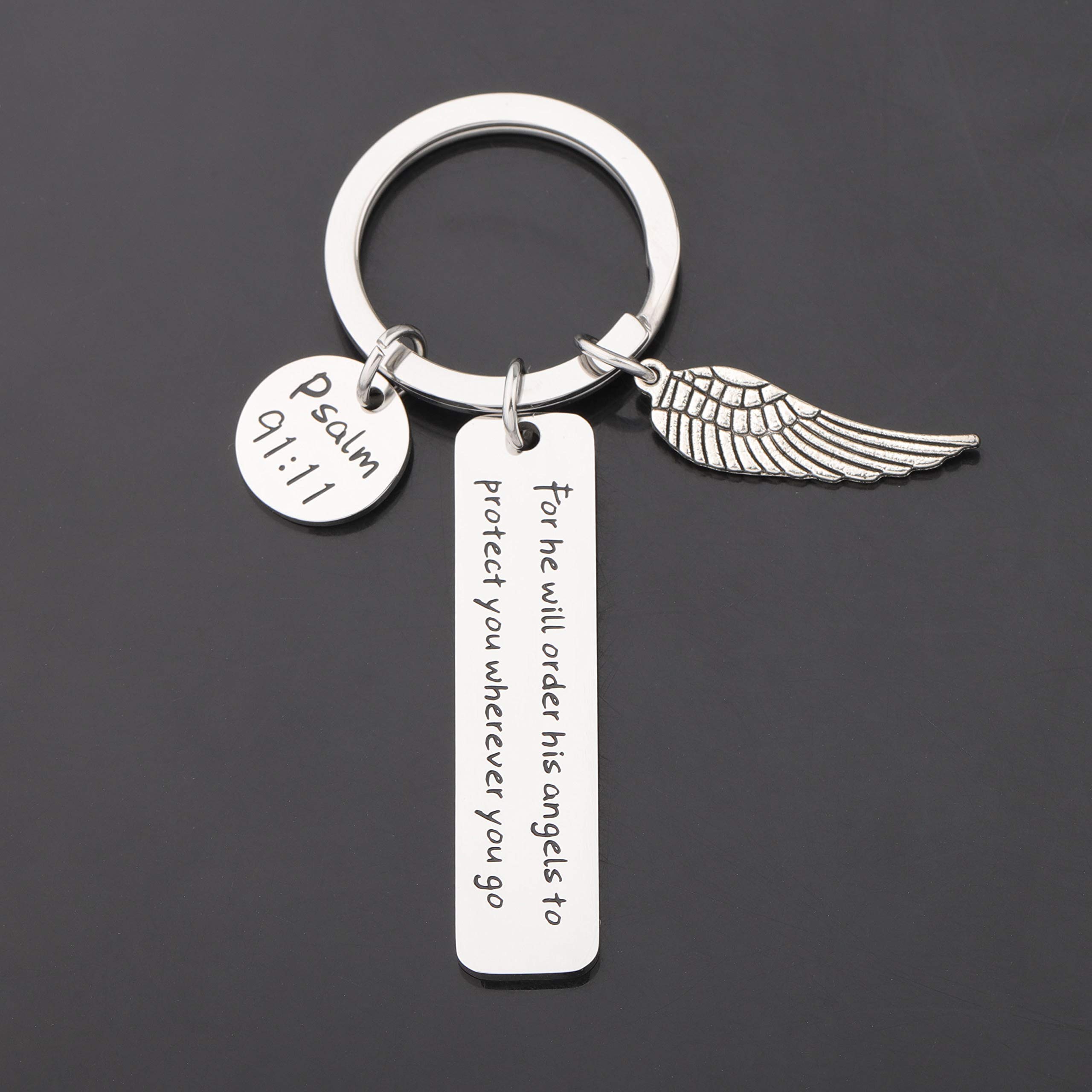 CHOORO Bible Verse Keychain for He Will Order His Angels to Protect You Wherever You Go Religious Jewelry Christian Gift (Keychain)
