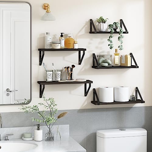 Fixwal Floating Shelves, Width 4.7 Inches Wall Mounted Shelves Set of 5, Rustic Wood Storage Bookshelves, Farmhouse Decor for Bathroom, Bedroom, Living Room, Kitchen and Office (Black)