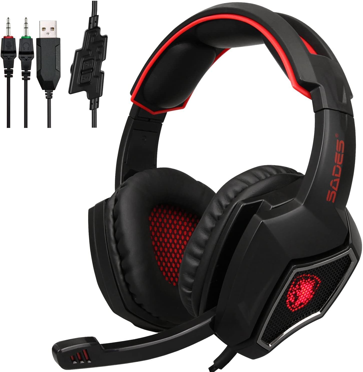 SADES 3.5mm Stereo Surround Sound Gaming Headset with Mic, Noise Cancelling & Led Light & Volume Control Over Ear Gamer Headphones, Red Headset for PC MAC Laptop Computer Games