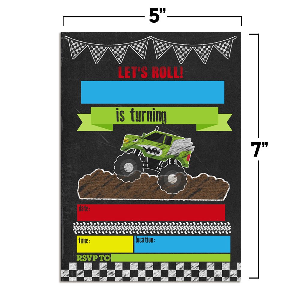 Monster Truck Chalkboard Birthday Party Invitations, 20 5x7 Fill In Cards with Twenty White Envelopes by AmandaCreation