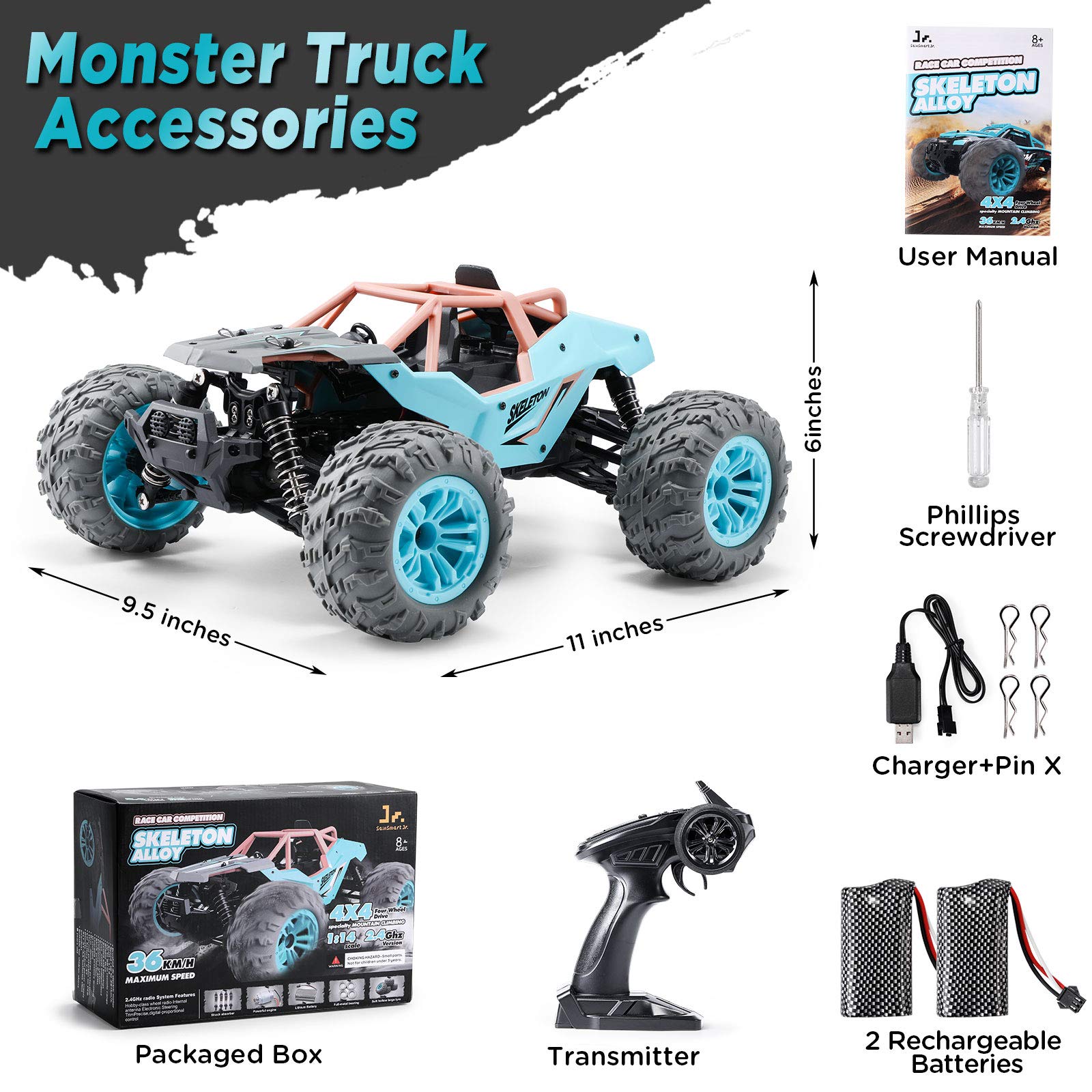 SainSmart Jr. 1:14 Off Road RC Car, 4WD Remote Control High Speed Rock Crawler for Boy Kids Adults