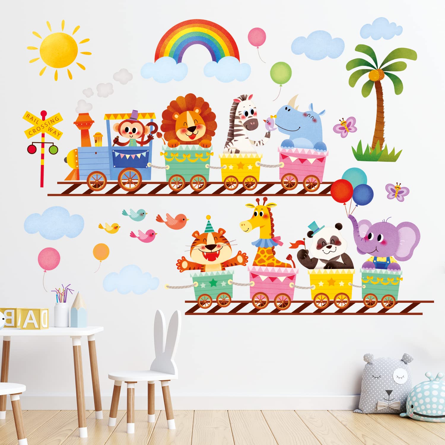 DECOWALL SG-2205 Animal Train Wall Decals Stickers Kids Peel Stick Removable Nursery Bedroom Room Living dรฉcor Baby Art playroom Classroom Children Decoration Vinyl DIY Elephant Giraffe Jungle Safari