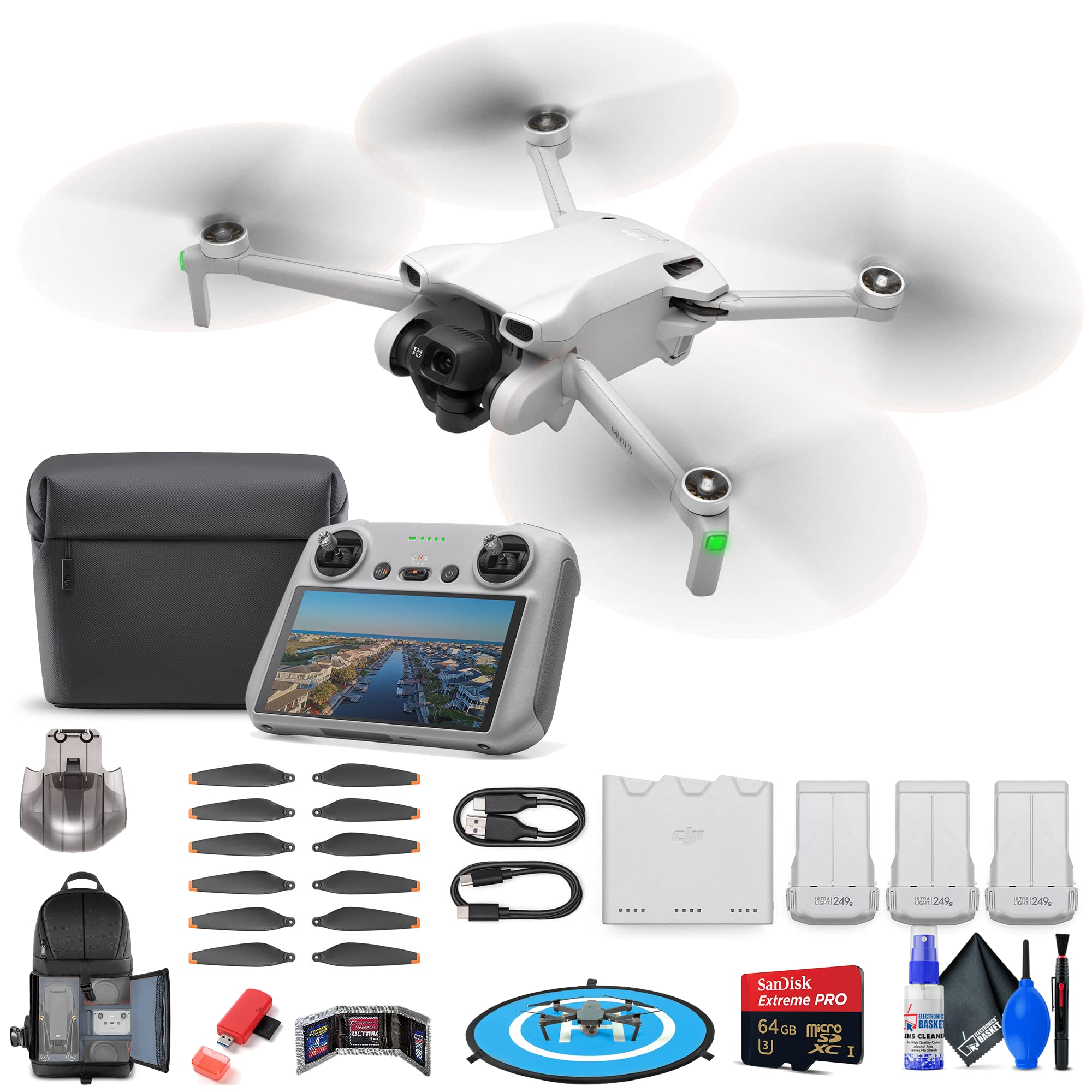 DJI Mini 3 with DJI RC Remote (Fly More Combo) (CP.MA.00000613.01) + 64GB Extreme Pro Card + BackPack + Landing Pad + Card Reader + Cleaning Kit + Memory Wallet + More
