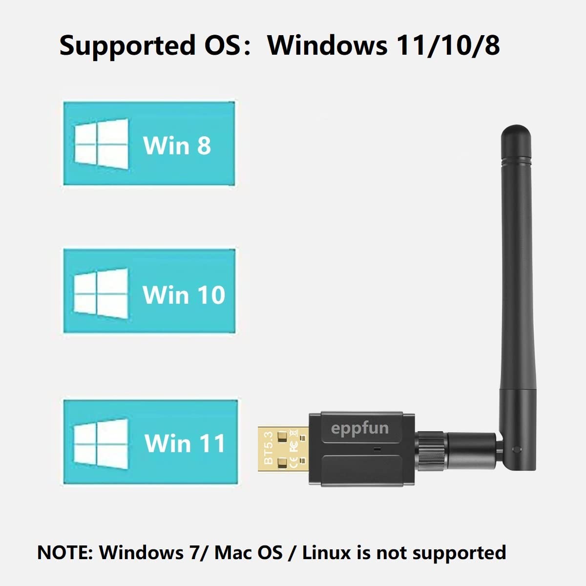 eppfun Long Range 100m USB Bluetooth Adapter for PC Laptop Desktop,Bluetooth 5.3 Dongle Receiver, Wireless Audio Adapter, Support Windows10/8.1, Compatible with Mouse Keyboard Headphones Printers