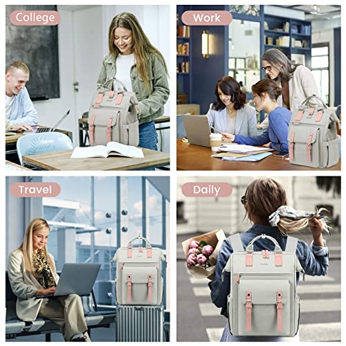 LOVEVOOK Laptop Backpack for Women Work Travel Commuter Backpack Purse, College Nursing Backpack Business Computer Bag Doctor Nurse Bags, 15.6 Inch, Light Grey-pink