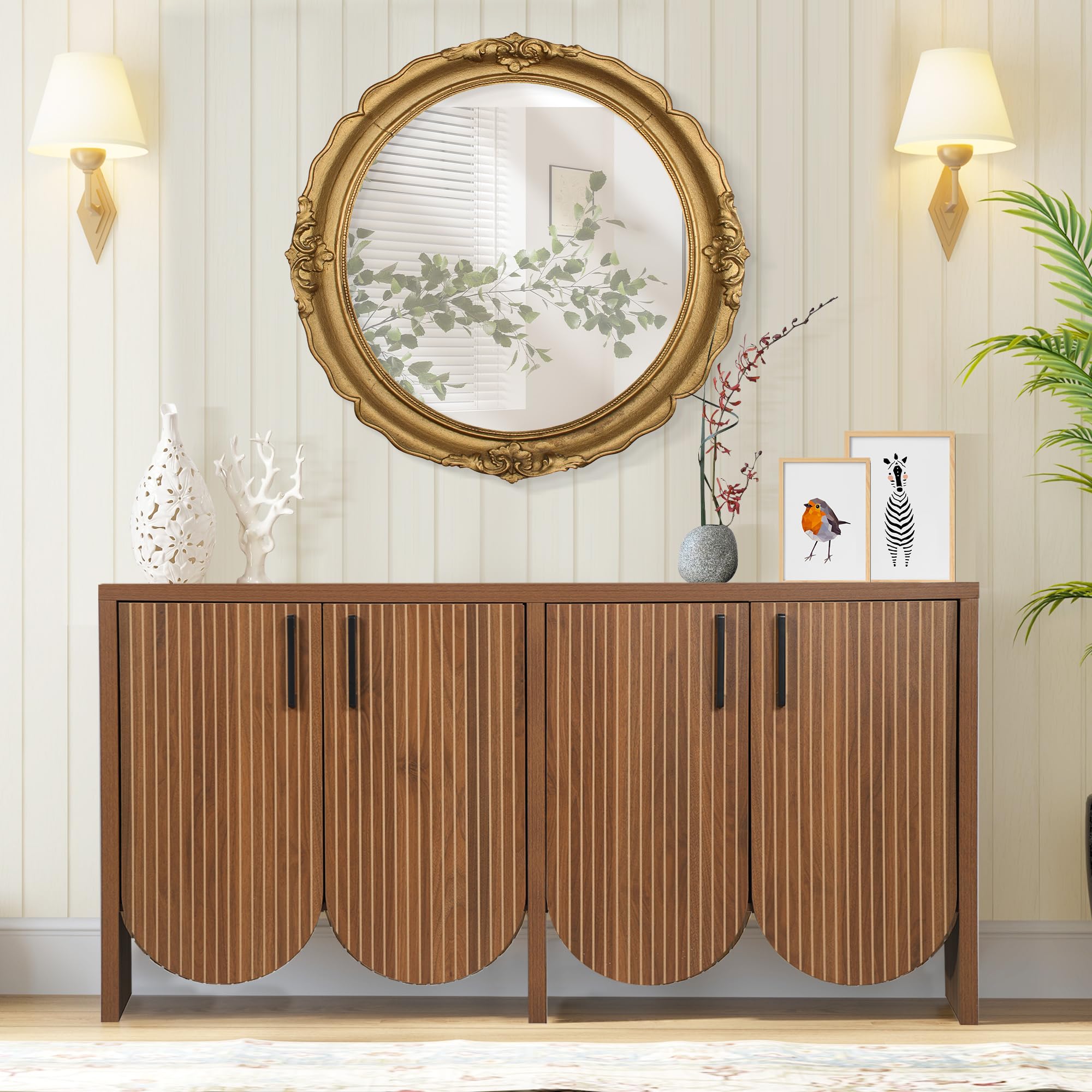 Fluted Buffet Sideboard Cabinet with Storage,Scandinavian 57.9β Storage Cabinet with Adjustable Shelves,Carved Arc Door Design Accent Buffet Cabinet for Living Room Dining Room (Walnut, 4 Door)